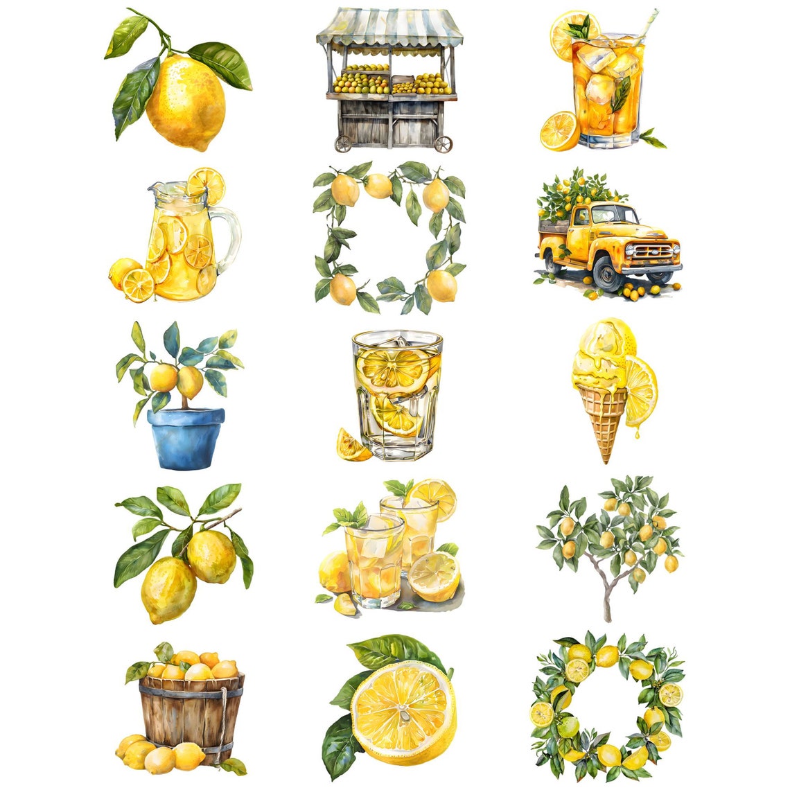 Watercolor Lemon Clipart Bundle, Lemon Branch Clipart, Lemonade ...