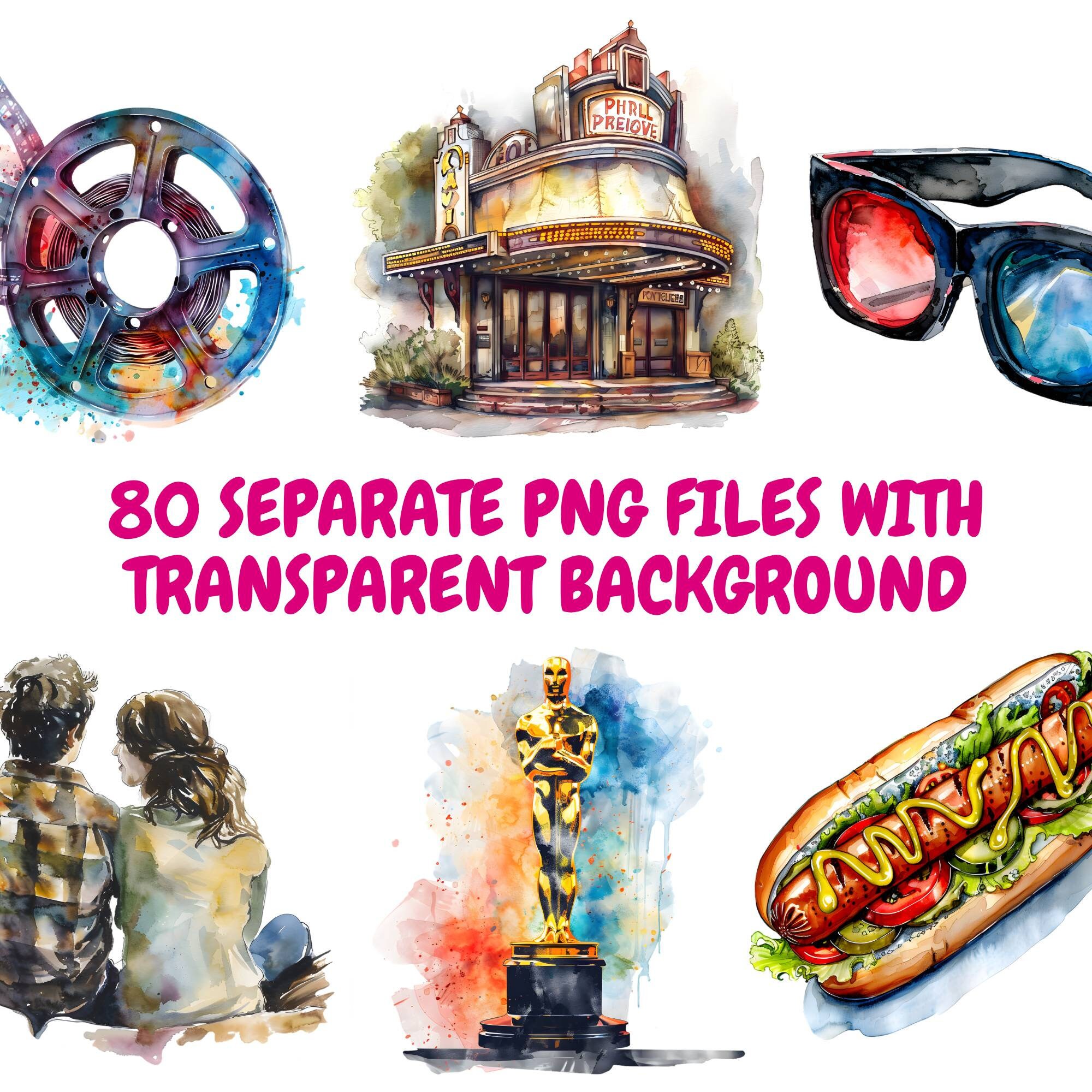 Watercolor Movie Night Clipart Bundle, Movie Theater Clipart, Cinema ...