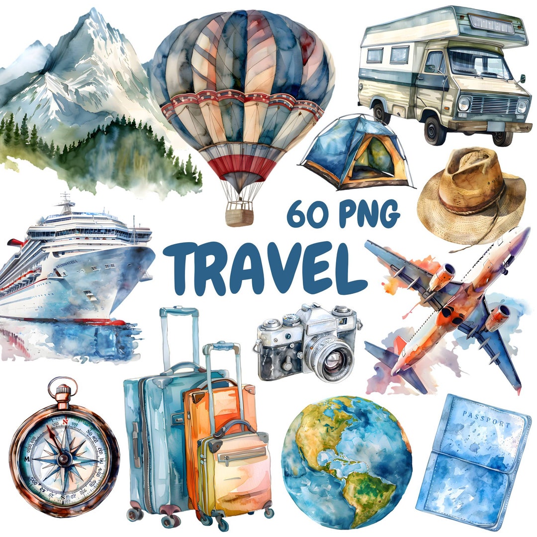 Watercolor Travel Clipart Bundle, Vacation Holiday Clipart, Adventure ...
