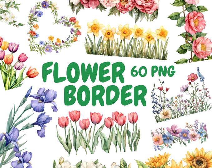 Green Flower Border Clipart, Watercolor Floral Border PNG Bundle ...