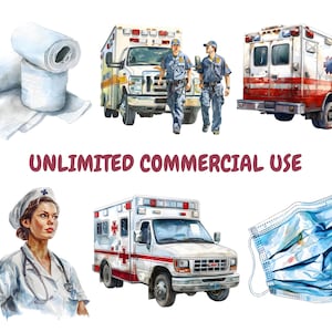 Watercolor Ambulance Clipart Bundle, Emergency Vehicle Clipart, Medical ...