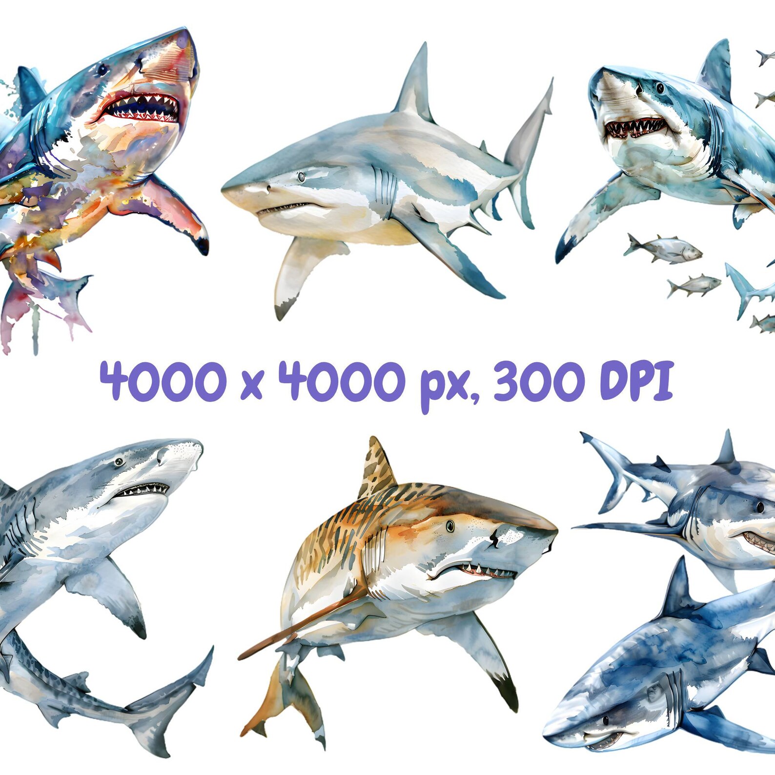 Watercolor Sharks Clipart Bundle, Sea Creatures Clipart, Shark ...