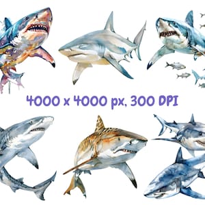 Watercolor Sharks Clipart Bundle, Sea Creatures Clipart, Shark ...