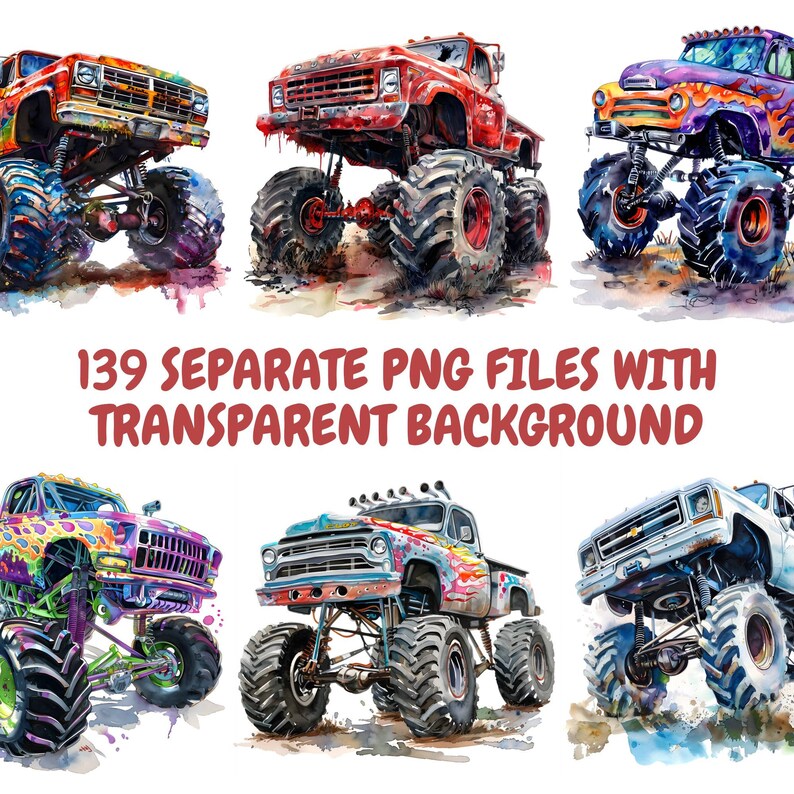 Watercolor Monster Trucks Clipart Bundle, Extreme Vehicle Clipart ...