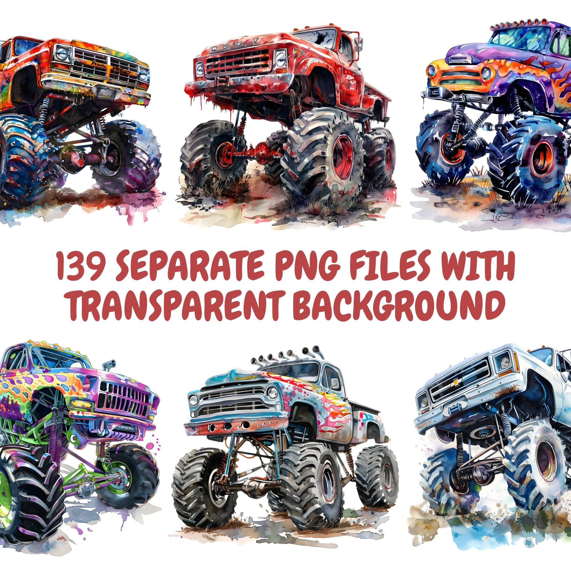 Watercolor Monster Trucks Clipart Bundle, Extreme Vehicle Clipart ...