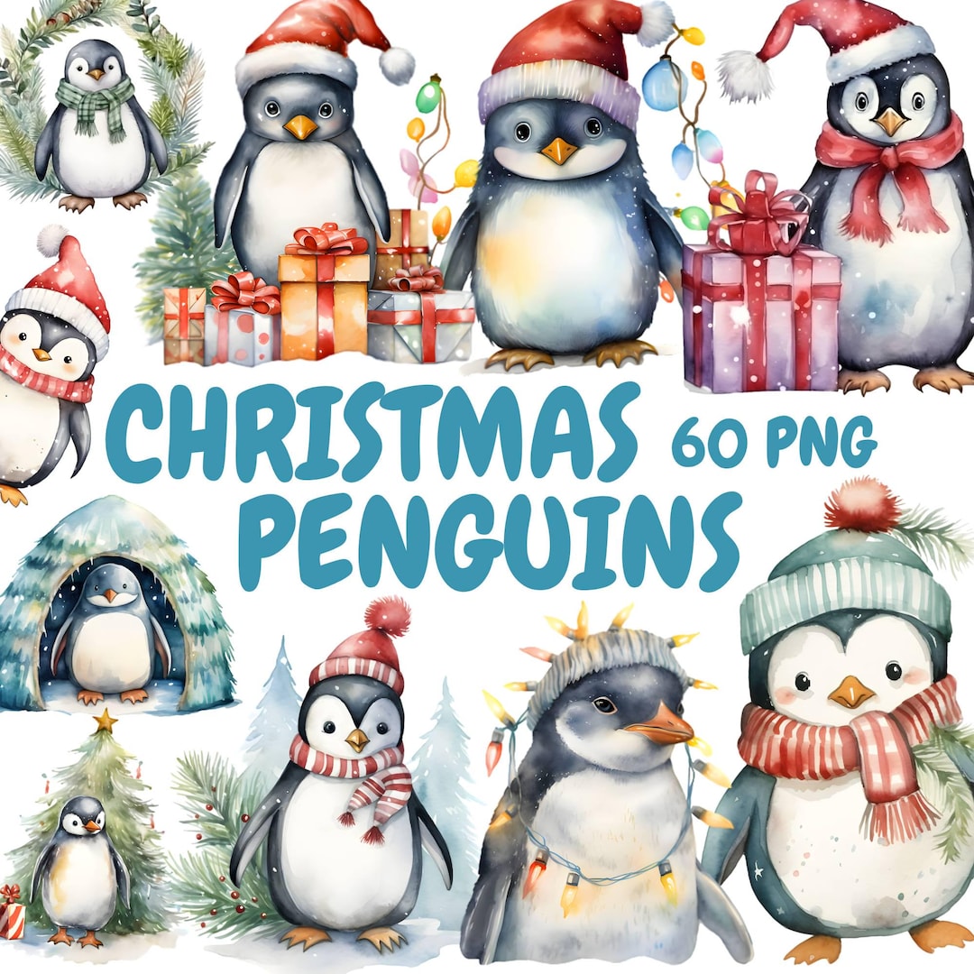 Watercolor Christmas Penguins Clipart Bundle, Cute Penguin Clipart ...