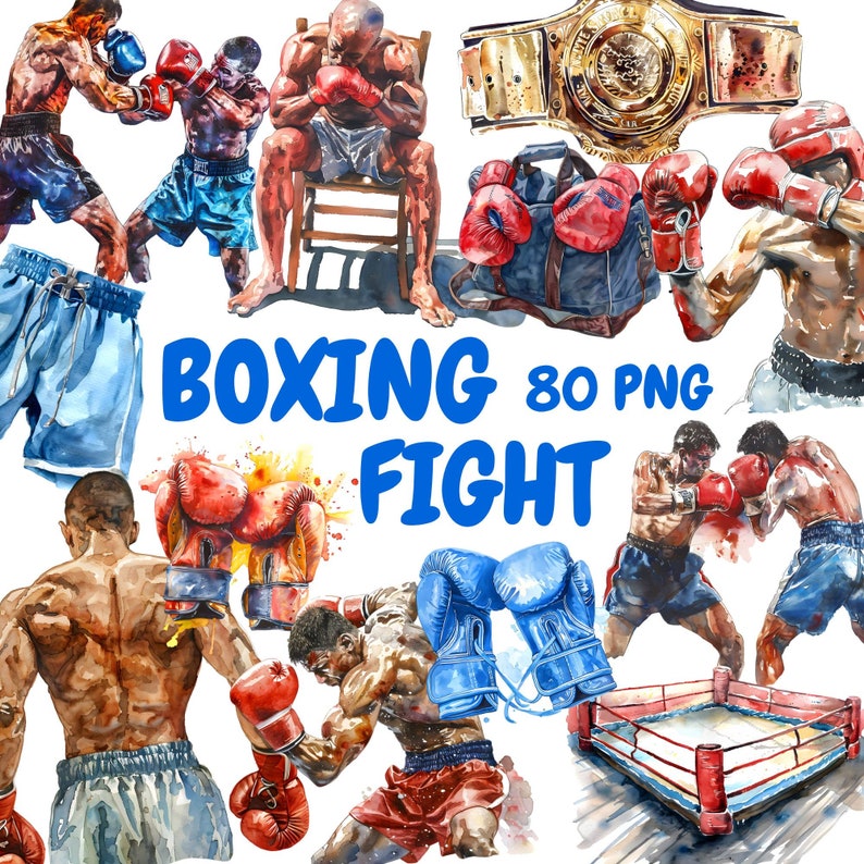 Watercolor Boxing Fight Clipart Bundle, Boxing Gloves Clipart, Fighting ...