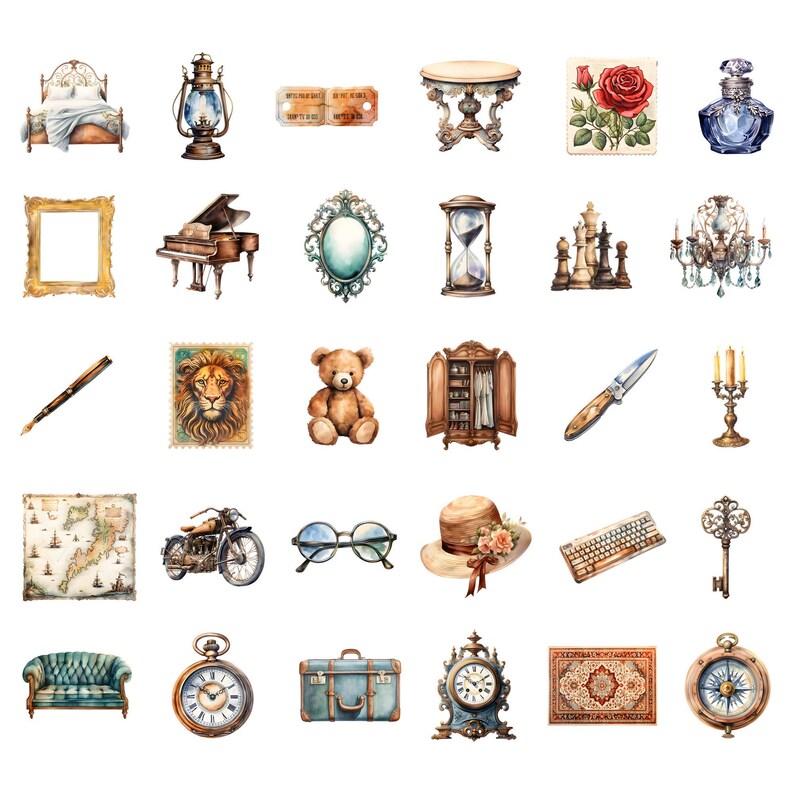 Watercolor Vintage Antique Clipart Bundle, Antique Telephone Clipart ...
