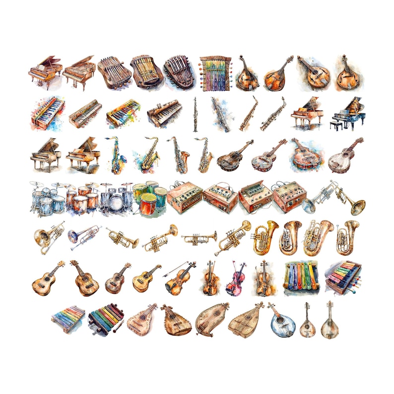 Watercolor Musical Instruments Clipart Bundle, Band Instruments Clipart ...