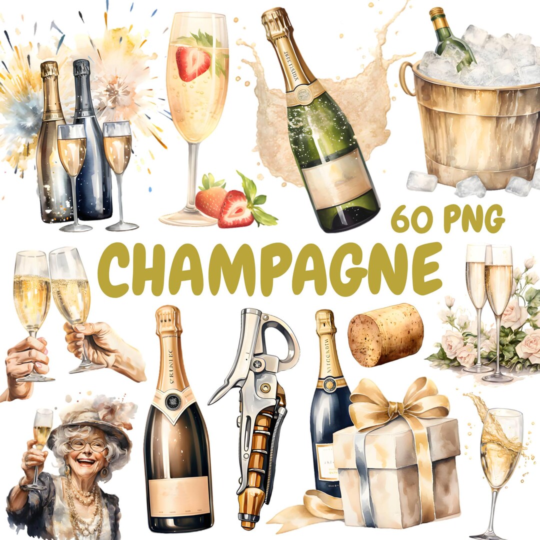 Watercolor Champagne Clipart Bundle, Champagne Bottle Clipart ...