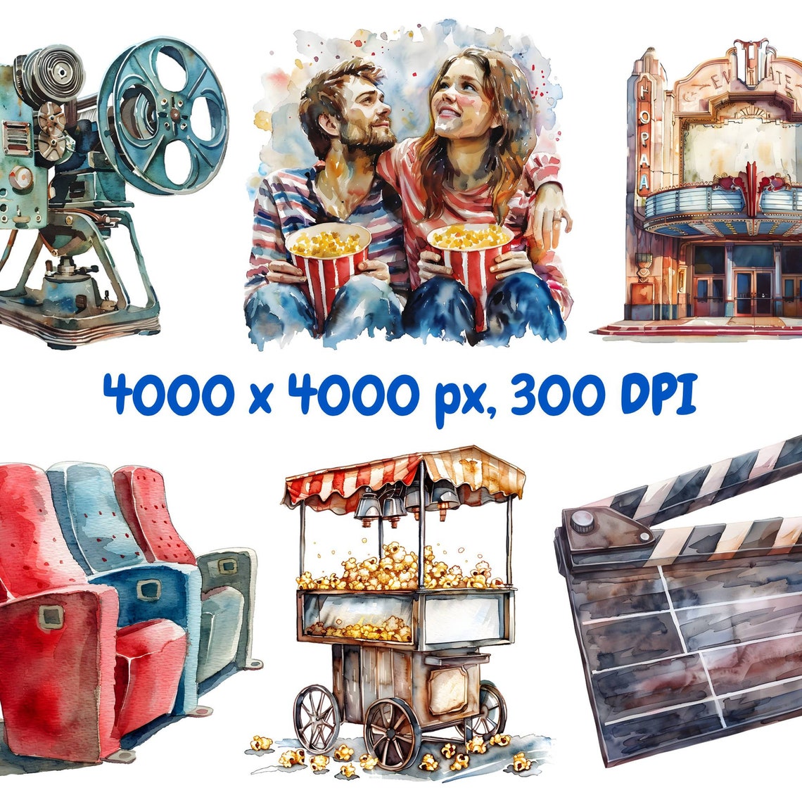 Watercolor Movie Night Clipart Bundle, Movie Theater Clipart, Cinema ...