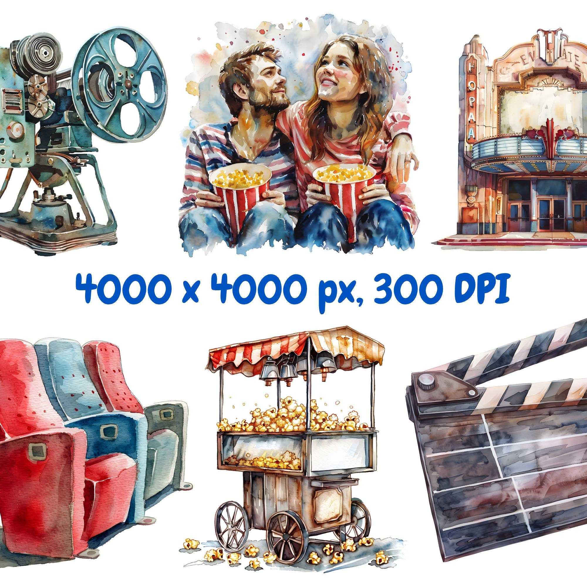 Watercolor Movie Night Clipart Bundle, Movie Theater Clipart, Cinema ...
