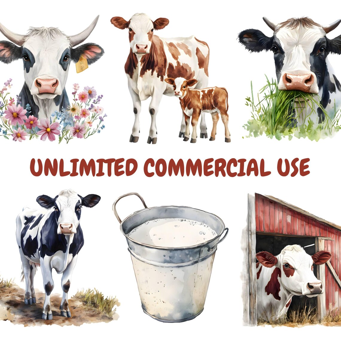 Watercolor Cows Clipart Bundle, Farm Animals Clipart, Cow Illustrations ...