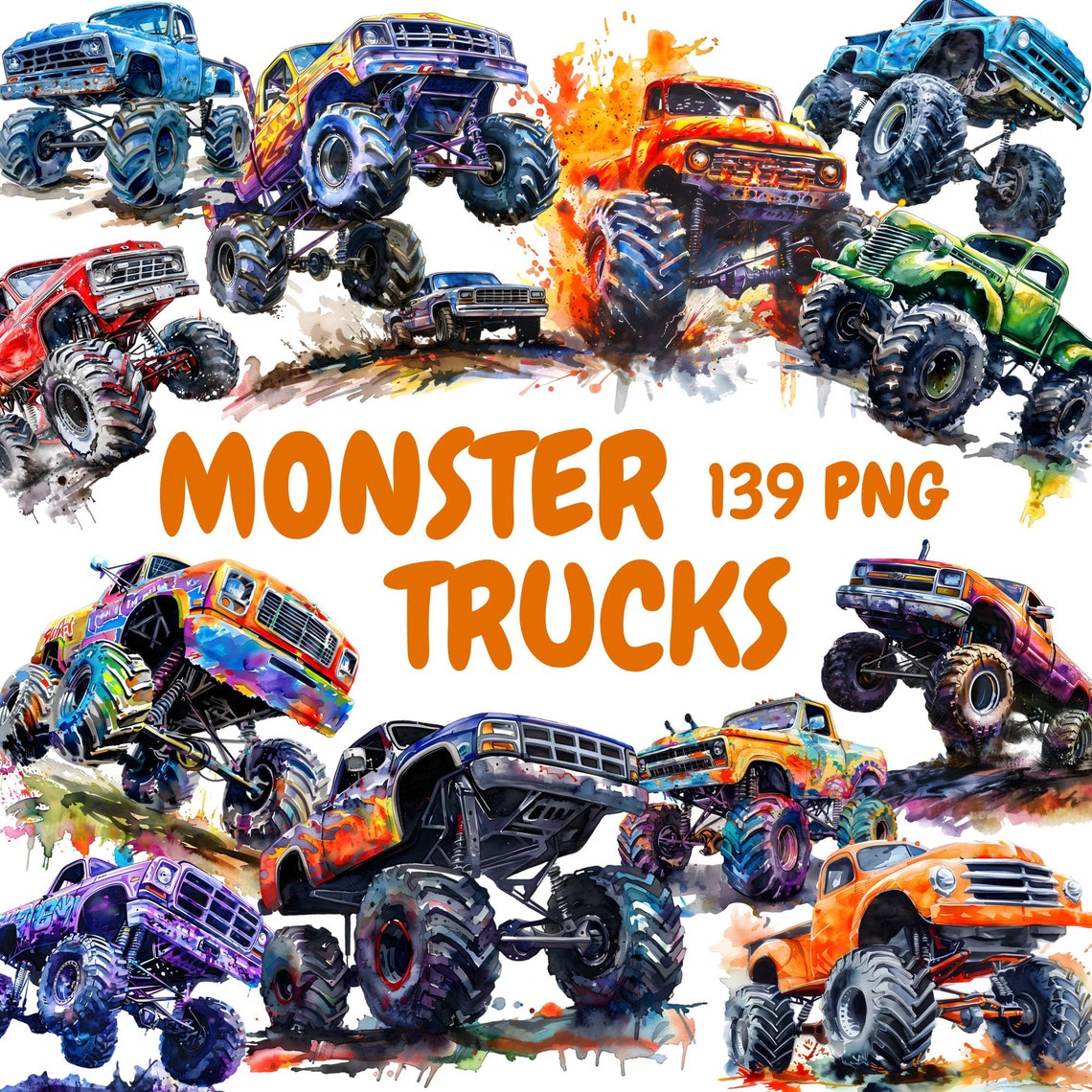Watercolor Monster Trucks Clipart Bundle, Extreme Vehicle Clipart ...