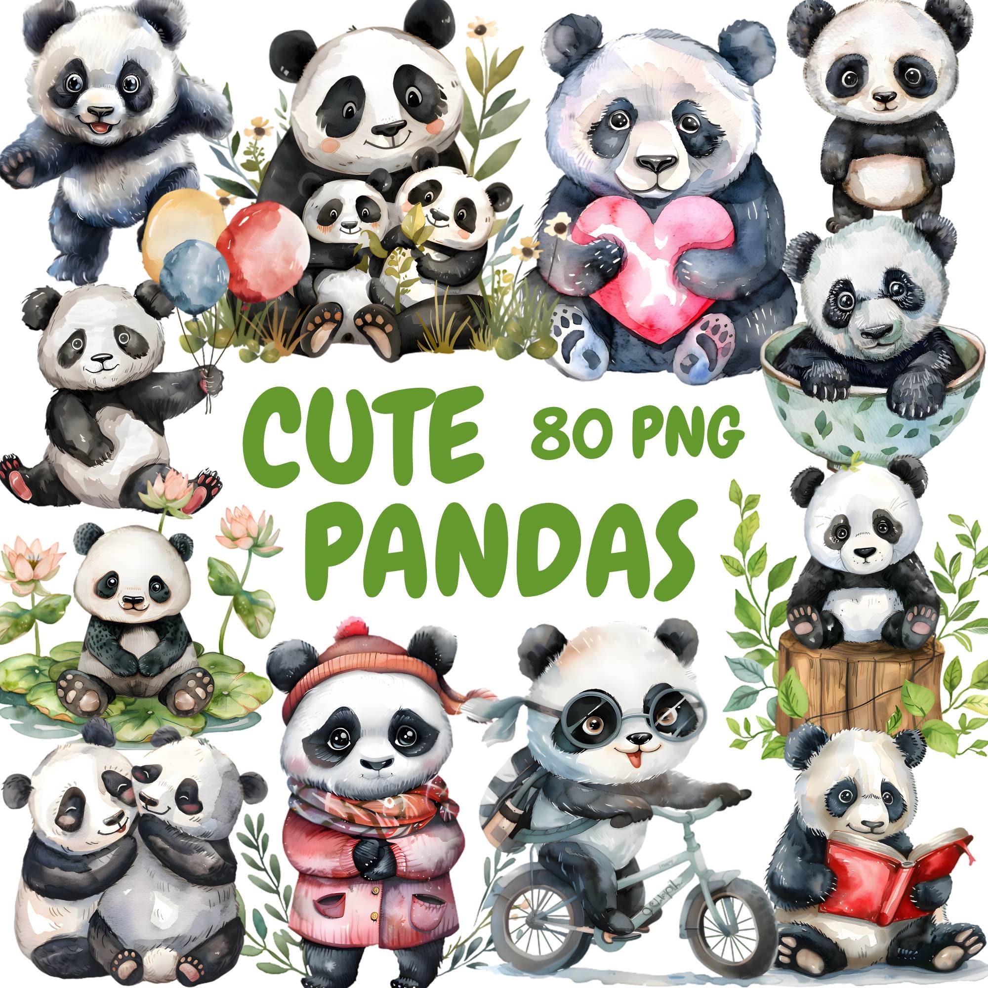 Watercolor Cute Pandas Clipart Bundle, Adorable Panda Clipart, Panda ...