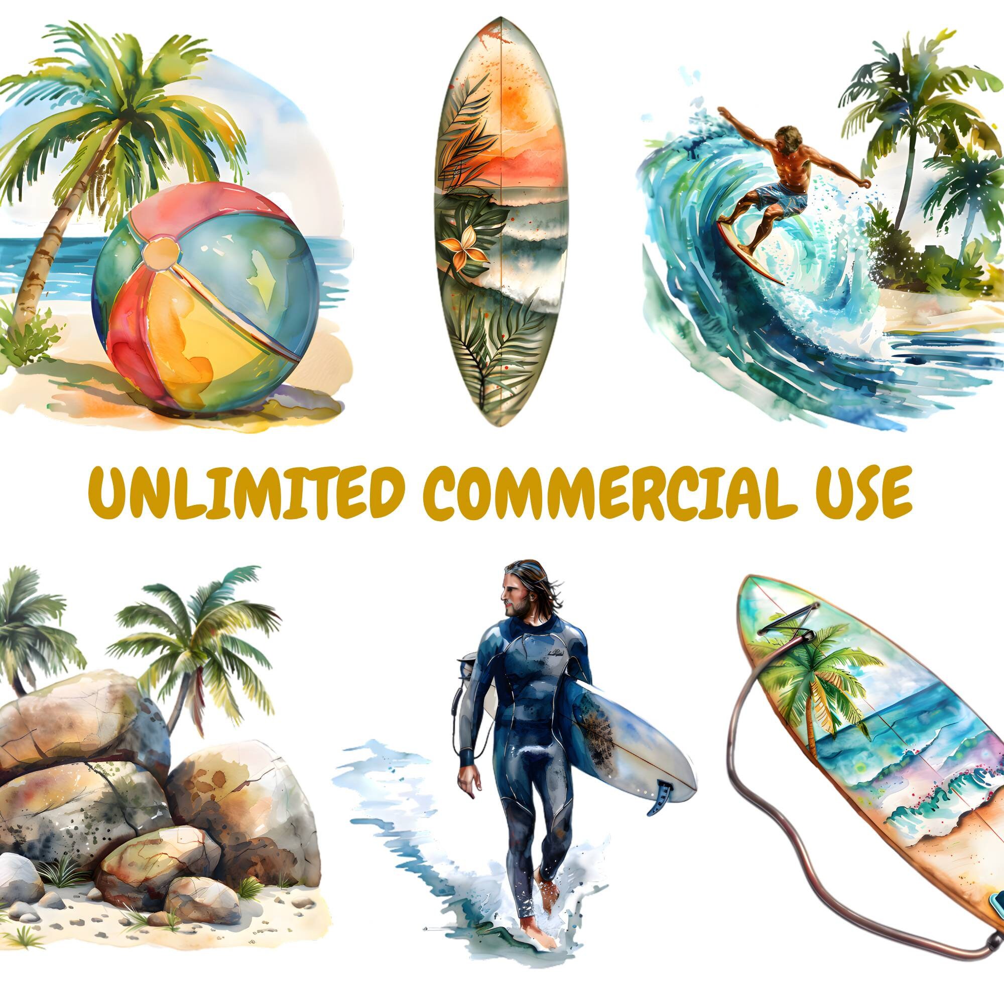 Watercolor Surfing Clipart Bundle, Summer Vacation Clipart, Surfboard ...