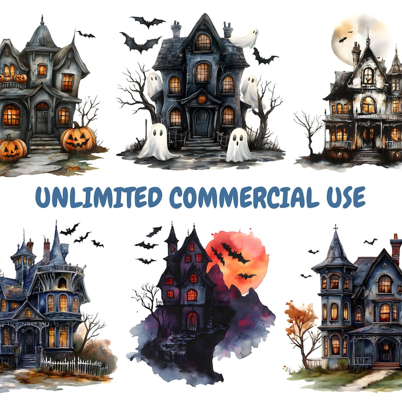 Watercolor Haunted House Clipart Bundle, Halloween House Clipart ...