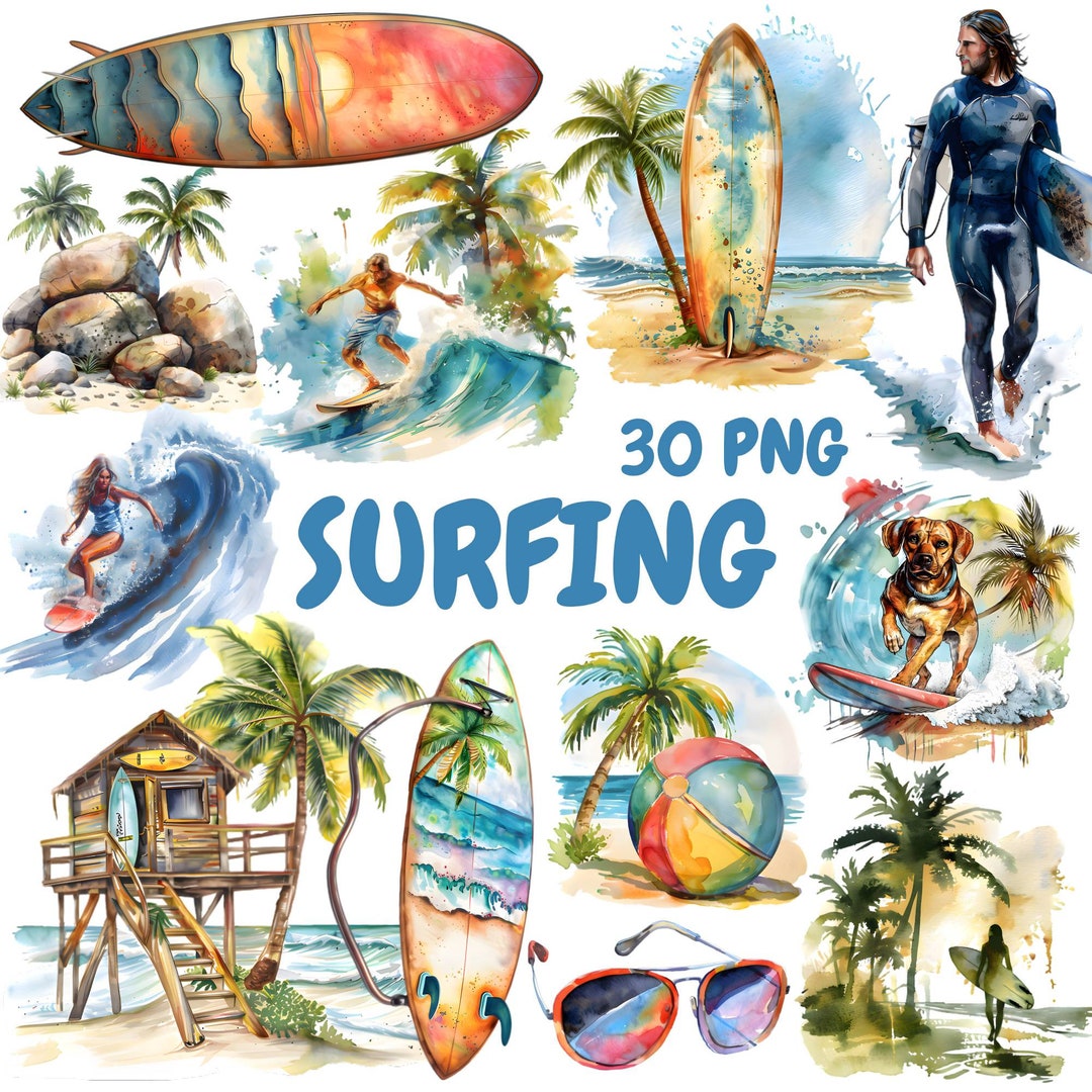 Watercolor Surfing Clipart Bundle, Summer Vacation Clipart, Surfboard ...