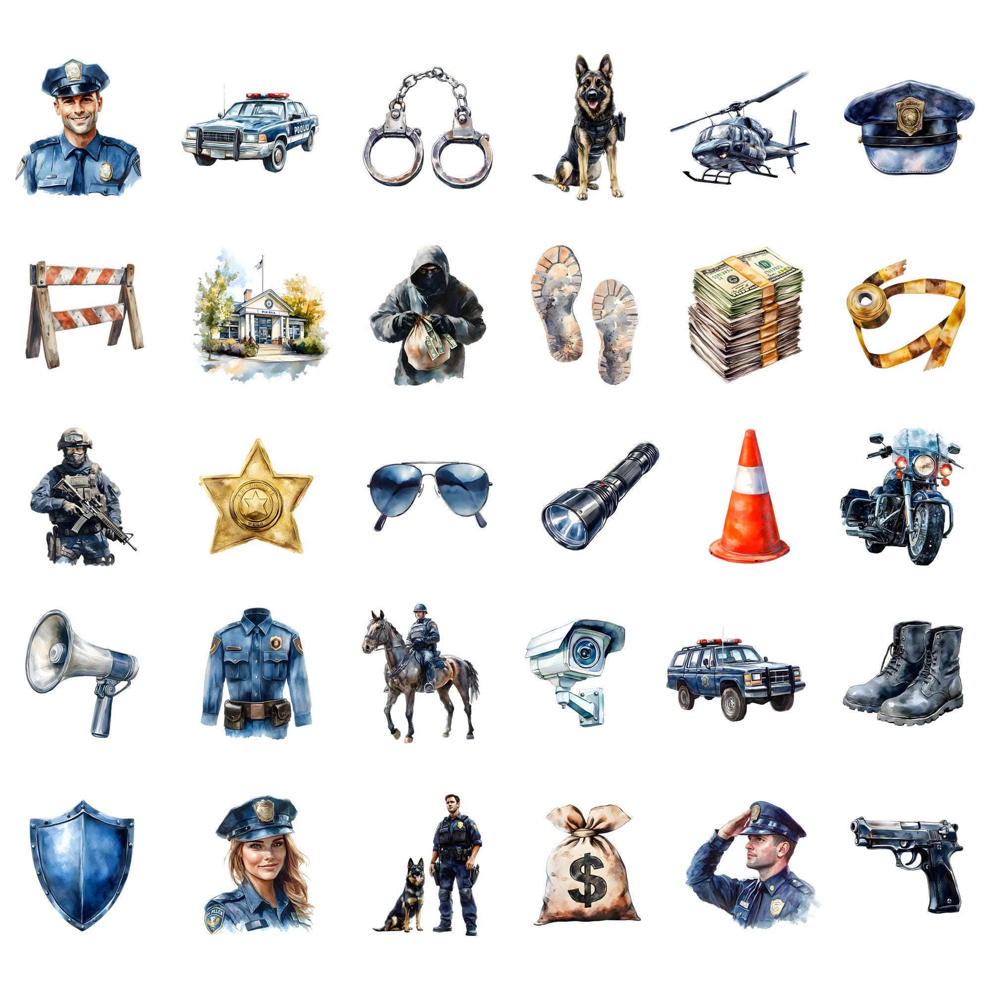 Watercolor Police Clipart Bundle, Law Enforcement Clipart, Security ...