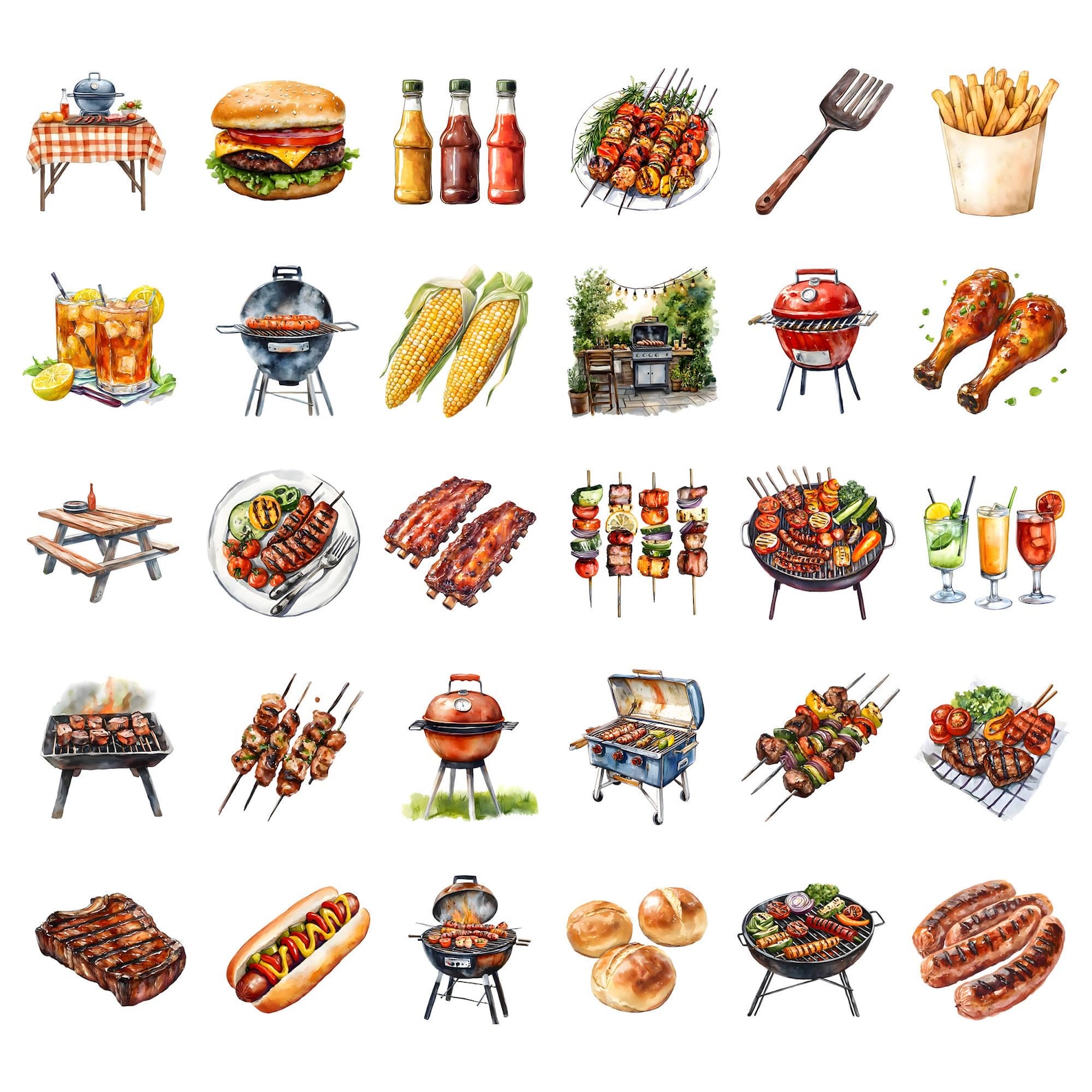 Watercolor Barbecue Clipart Bundle, Grill Party Clipart, Backyard ...