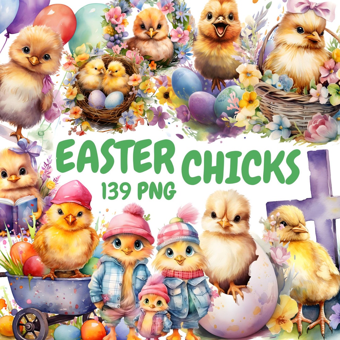 Watercolor Easter Chicks Clipart Bundle, Cute Baby Chick PNG, Happy ...