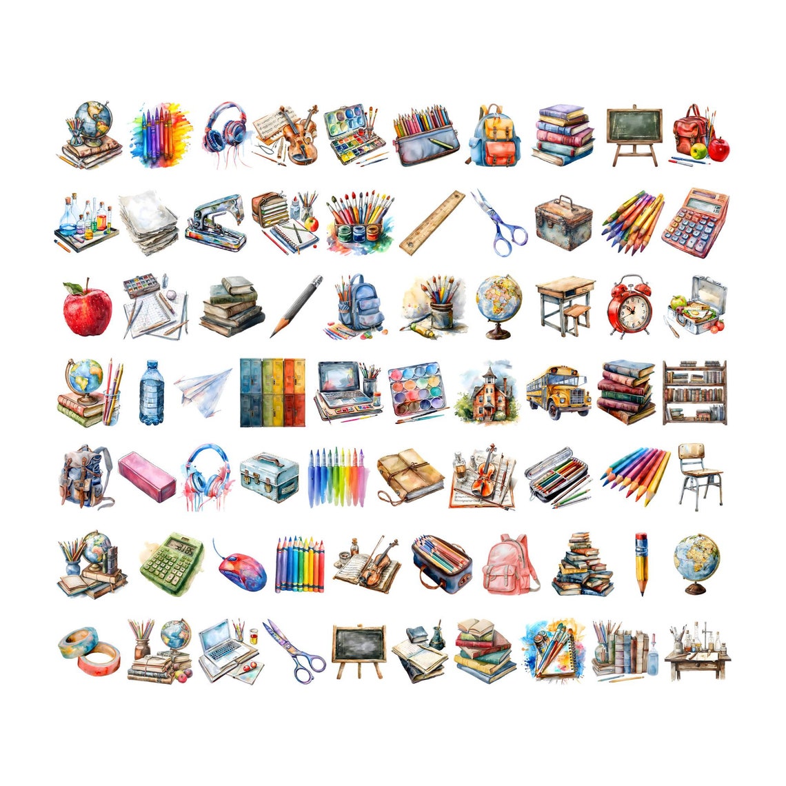 Watercolor School Supplies Clipart Bundle, School Supply Clipart ...
