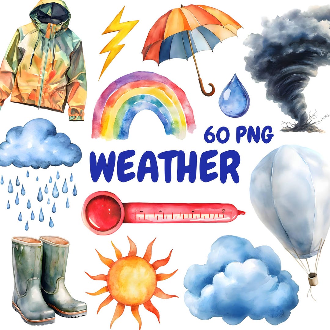 Watercolor Weather Clipart Bundle, Rain Cloud Clipart, Rainbow ...