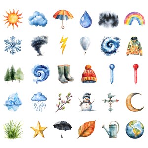 Watercolor Weather Clipart Bundle, Rain Cloud Clipart, Rainbow ...