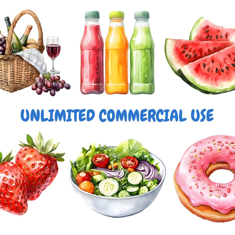 Watercolor Picnic Clipart Bundle, Picnic Basket Clipart, Summer ...