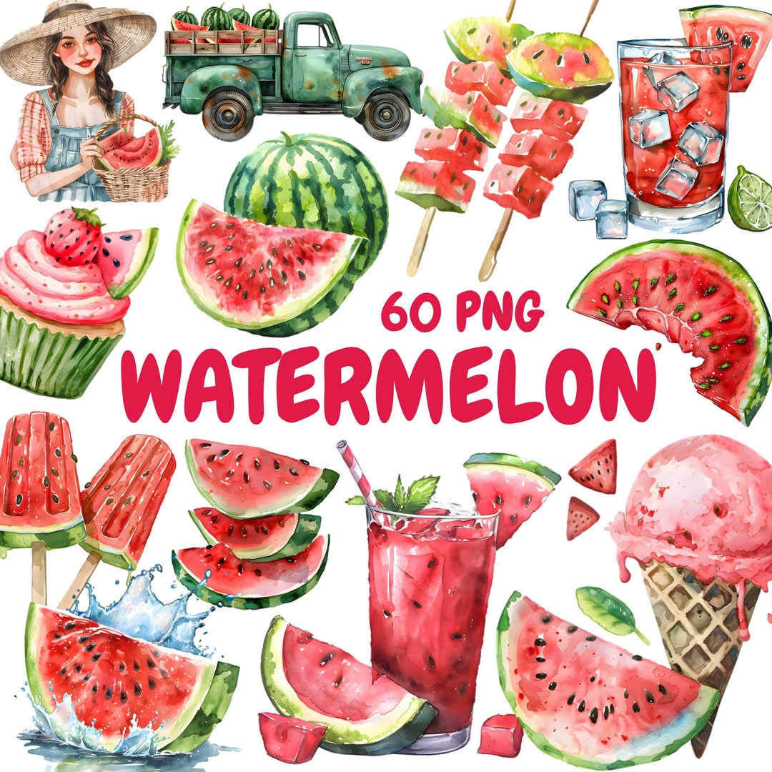 Watercolor Watermelon Clipart Bundle, Watermelon Slice Clipart, Fruit ...