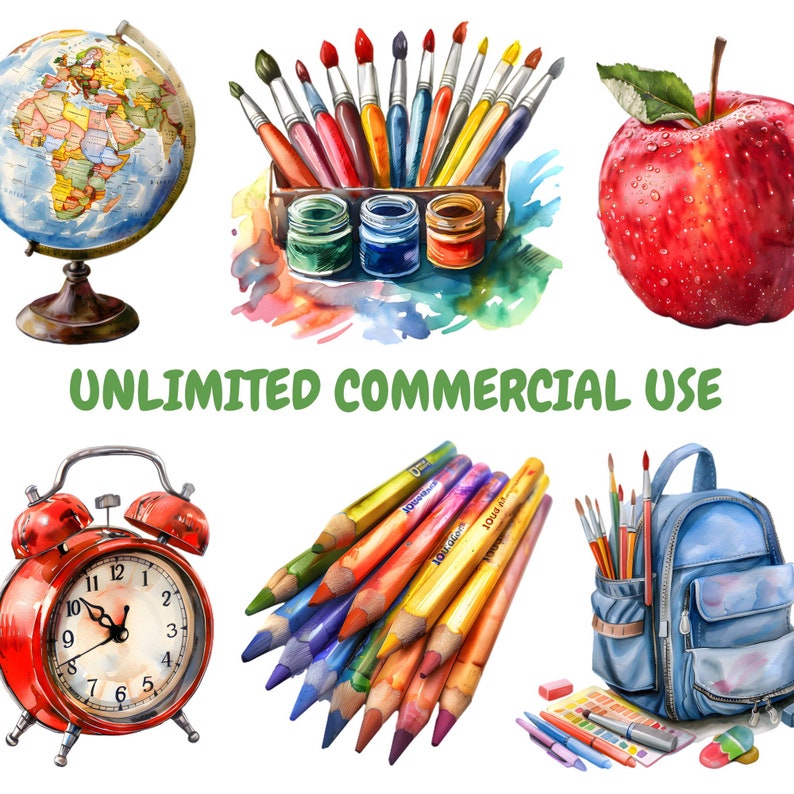 Watercolor School Supplies Clipart Bundle, School Supply Clipart ...