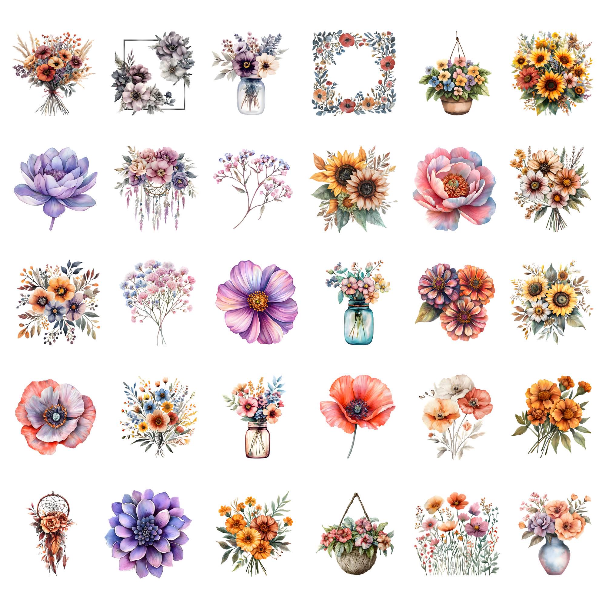 Watercolor Boho Flowers Clipart Bundle, Bohemian Flowers Clipart ...