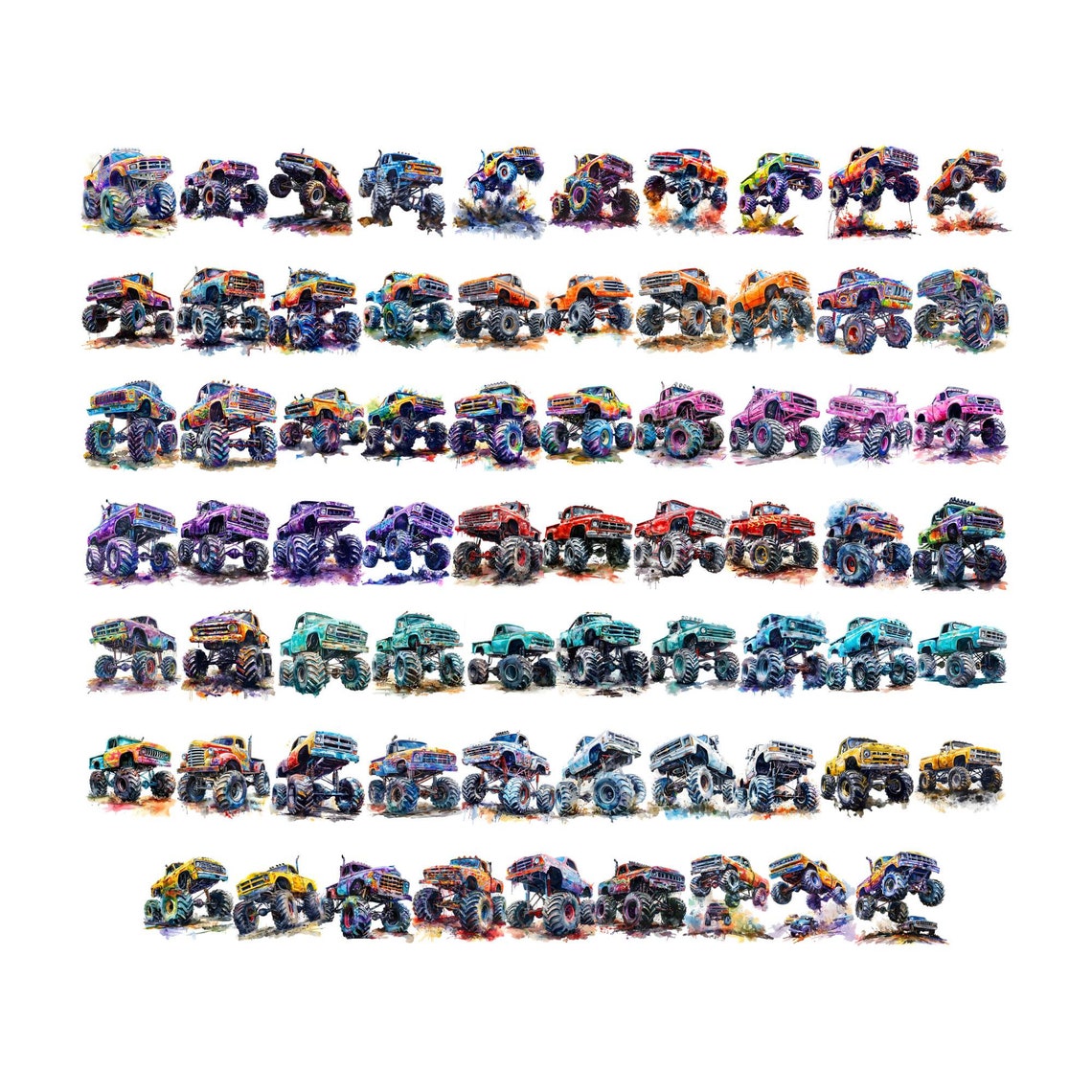Watercolor Monster Trucks Clipart Bundle, Extreme Vehicle Clipart ...