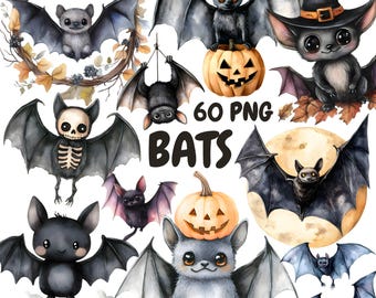 Bats (P2) Clipart - 21 PNG Flying Mammal Illustrations, Halloween Cute ...