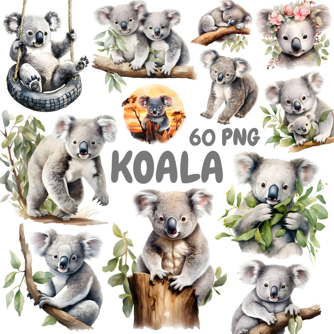 Watercolor Koala Clipart Bundle, Cute Koala Clipart, Koala ...