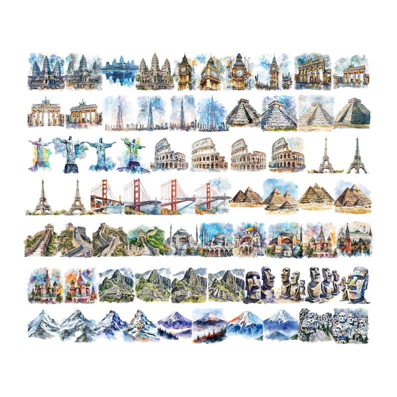 Watercolor Popular Landmarks Clipart Bundle, Famous Monuments Clipart ...