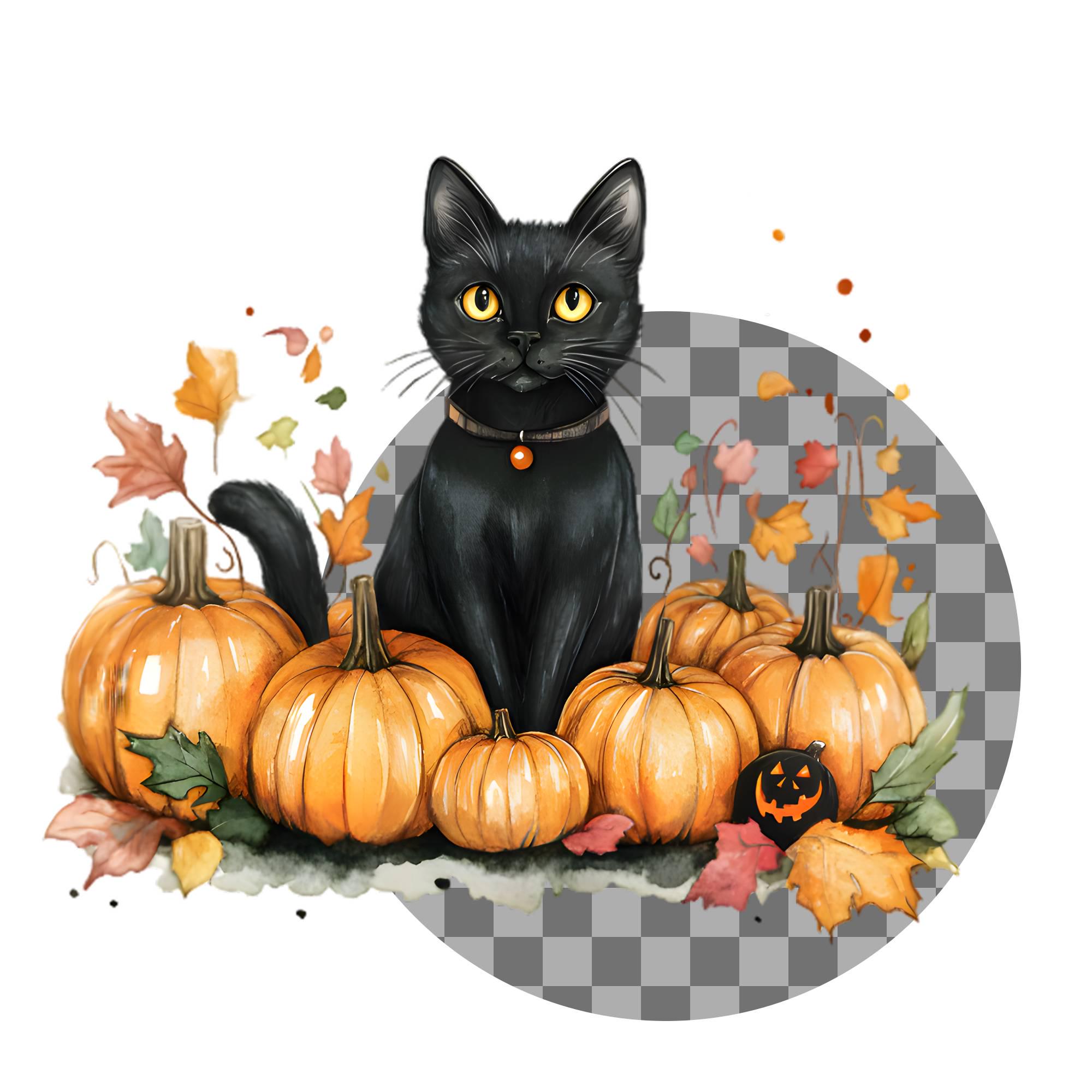 Watercolor Black Cat Clipart Bundle, Halloween Cat Clipart, Autumn Cat ...