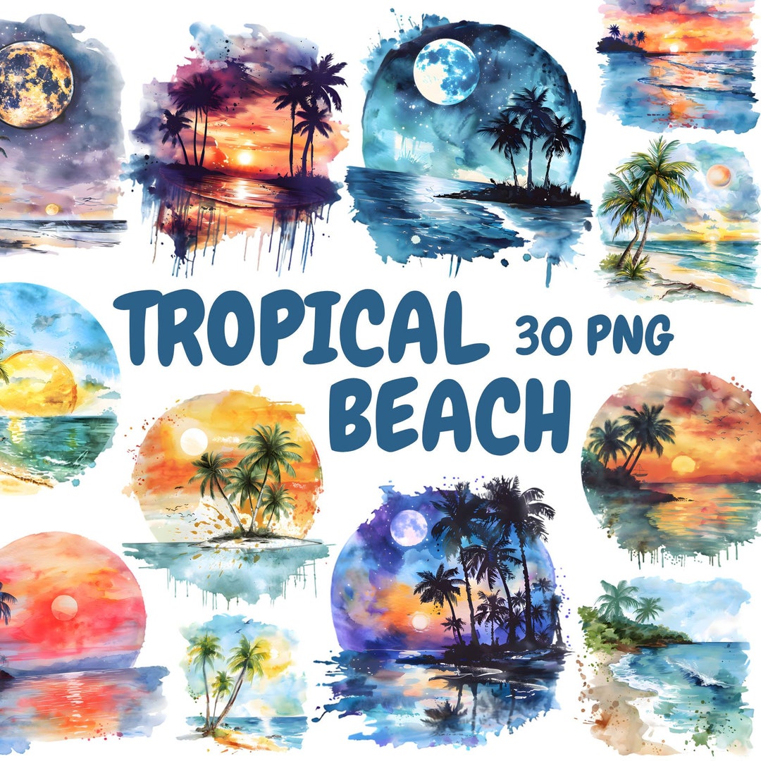 Watercolor Tropical Beach Clipart Bundle, Tropical Sunset Clipart ...