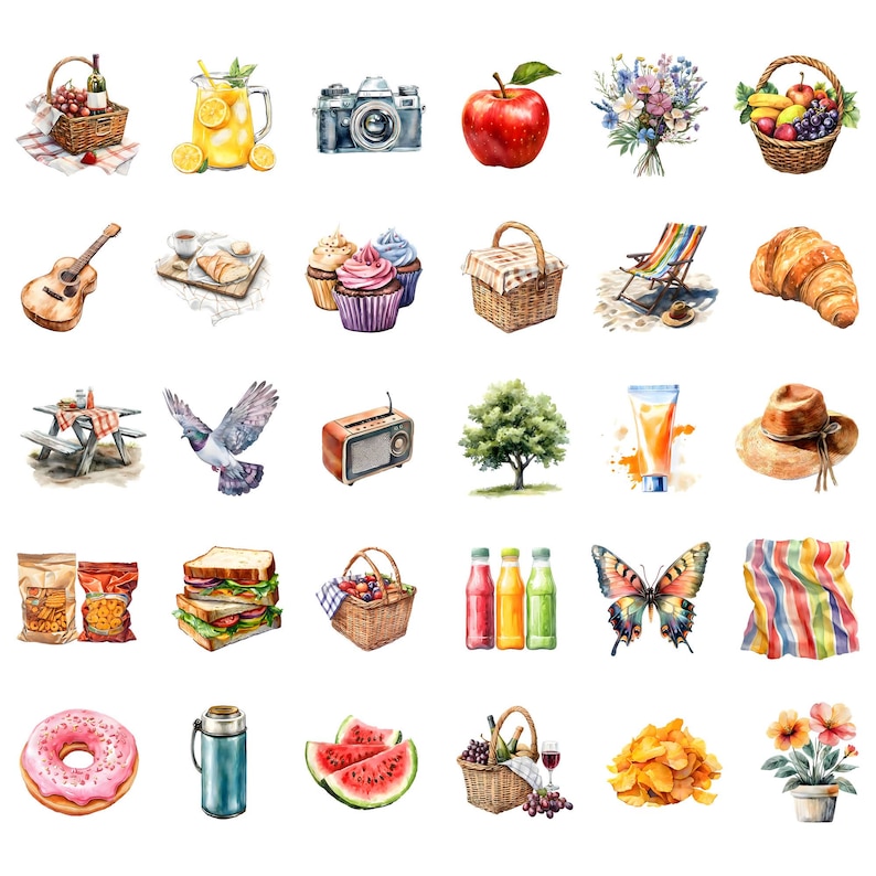 Watercolor Picnic Clipart Bundle, Picnic Basket Clipart, Summer ...