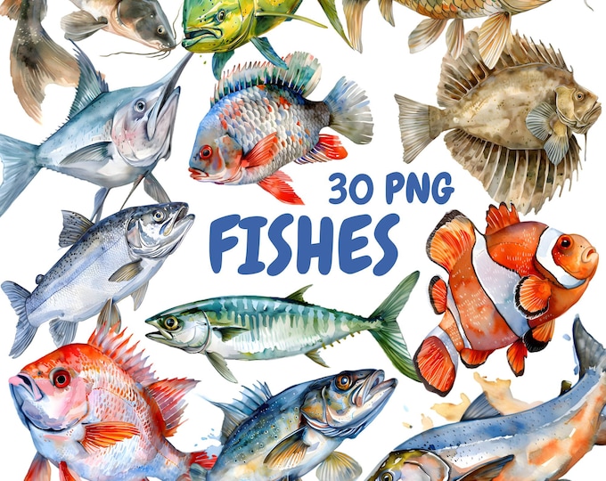 10 Watercolor Fish Clipart Set | Watercolor Cute Sea Animals ...