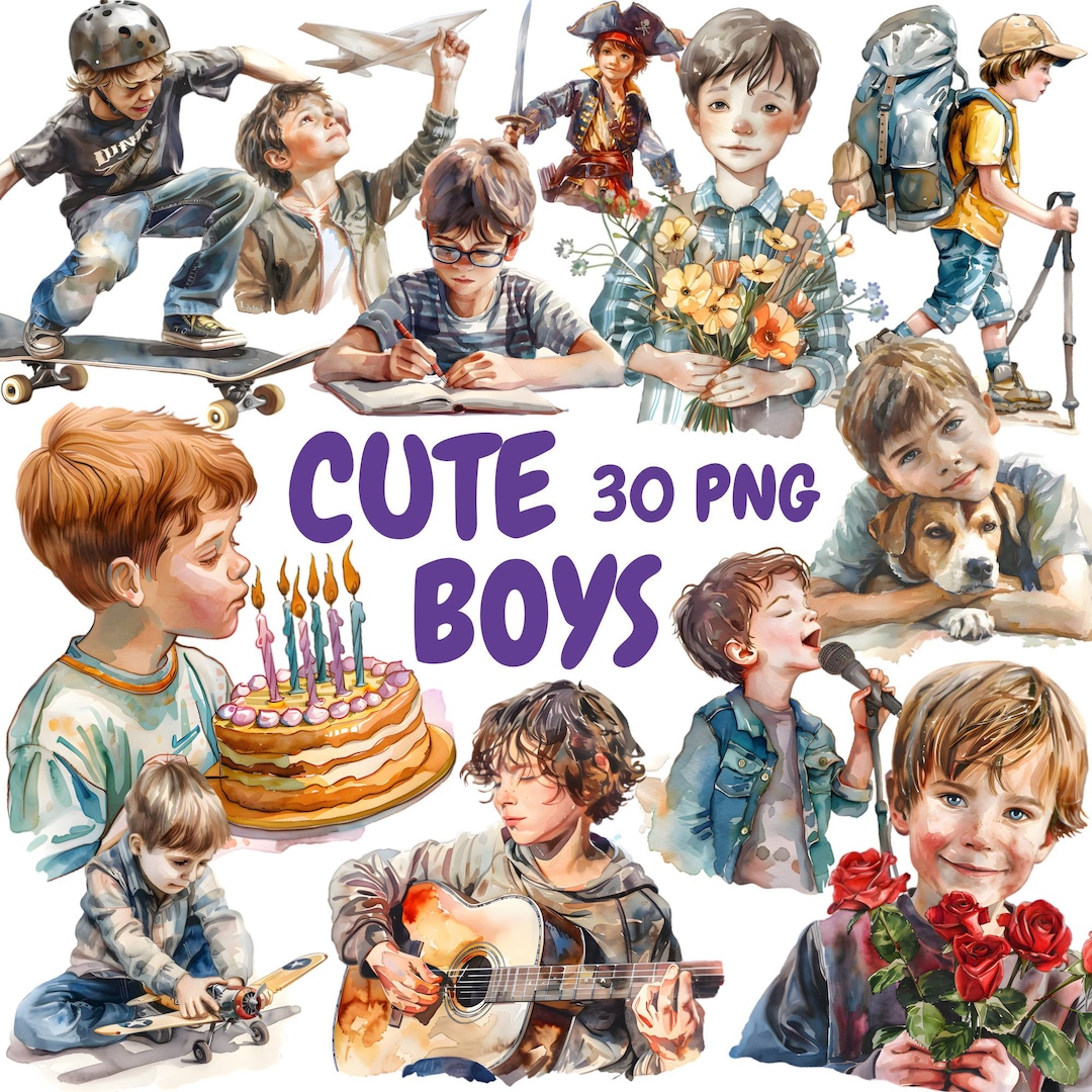 Watercolor Cute Boys Clipart Bundle, Teenage Boy Clipart, Children ...