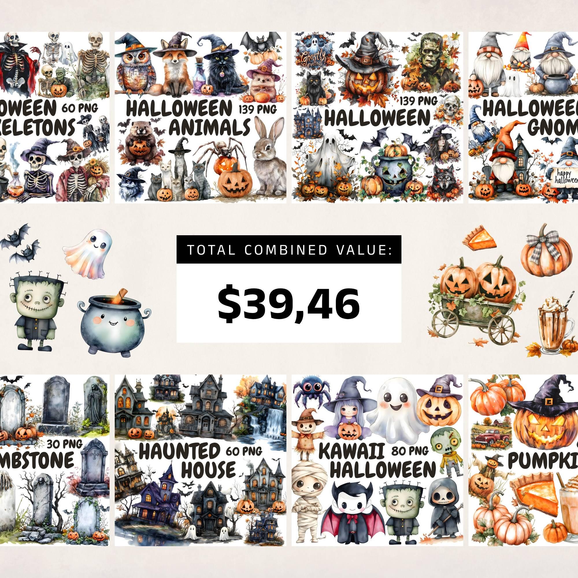 Watercolor Halloween Clipart Mega Bundle, Kawaii Halloween PNG, Haunted ...