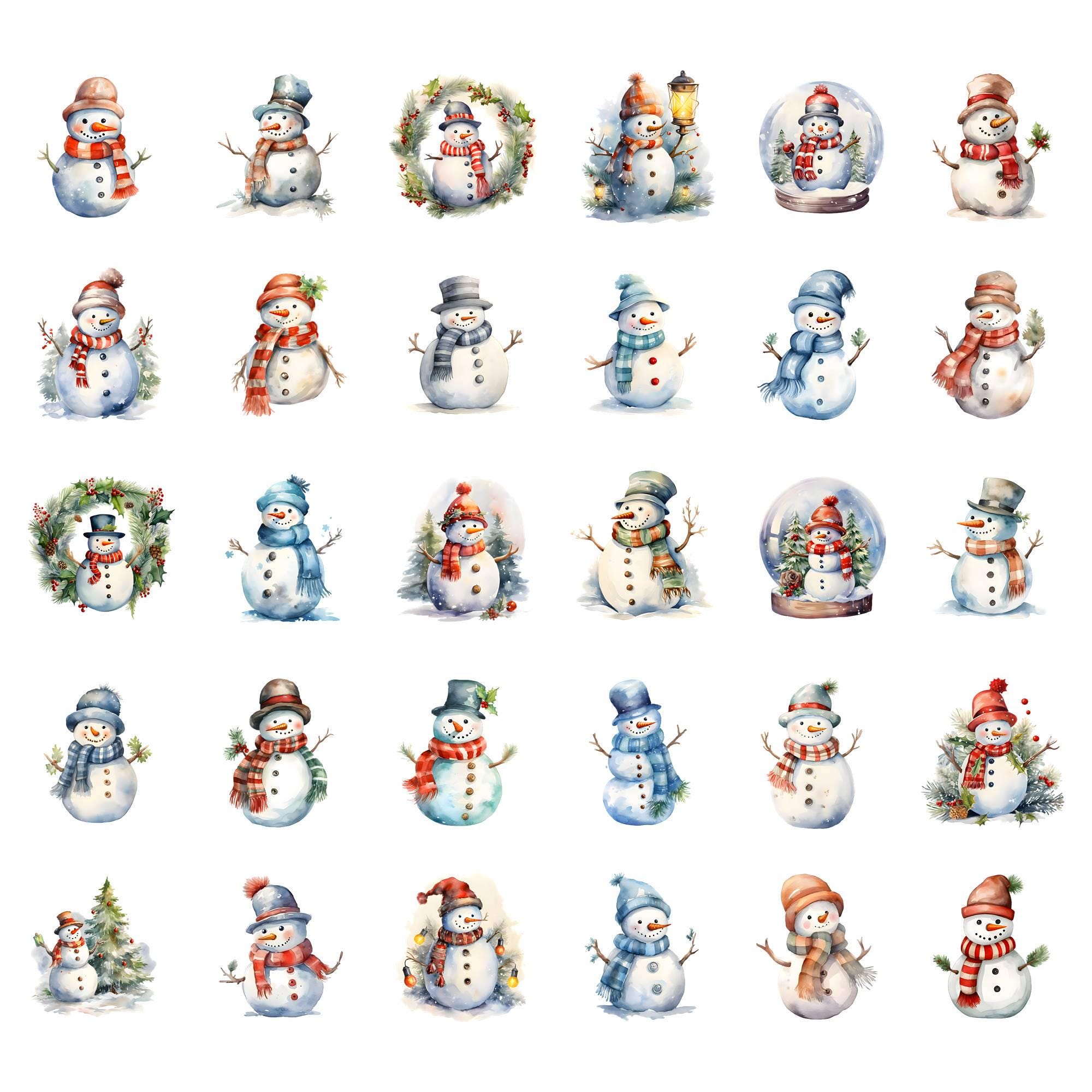 Watercolor Snowmen Clipart Bundle, Cute Snowman Clipart, Winter Snowman ...