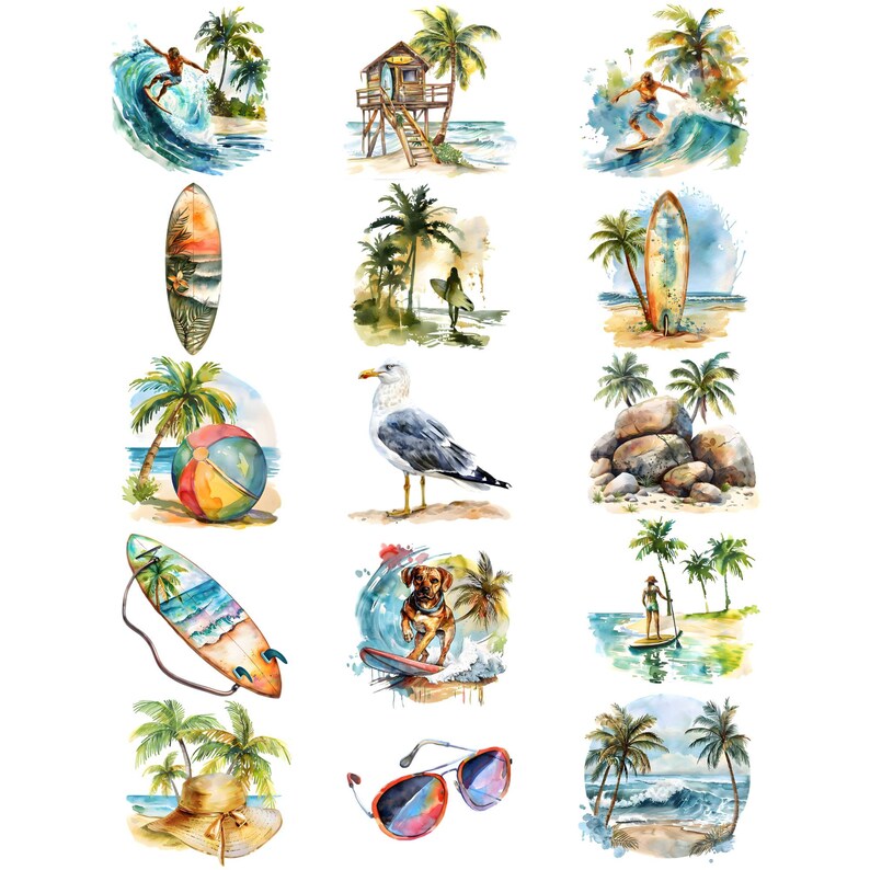 Watercolor Surfing Clipart Bundle, Summer Vacation Clipart, Surfboard ...