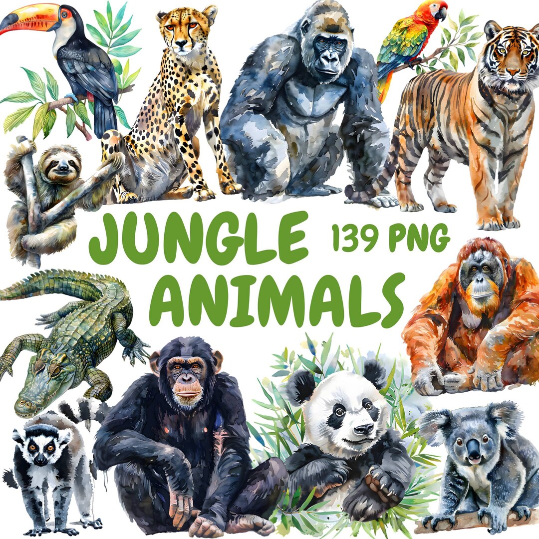 Watercolor Jungle Animals Clipart Bundle, Safari Animal Clipart, Monkey ...