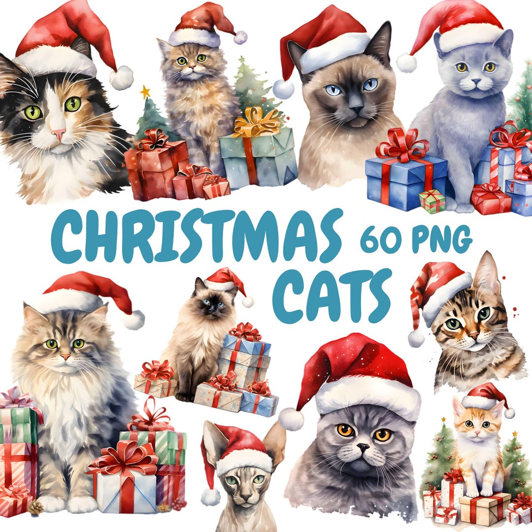 Watercolor Christmas Cats Clipart Bundle, Cat Breeds Clipart, Christmas ...