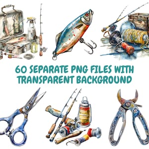 Watercolor Fishing Clipart Bundle, Fishing Rod Clipart, Fishing ...