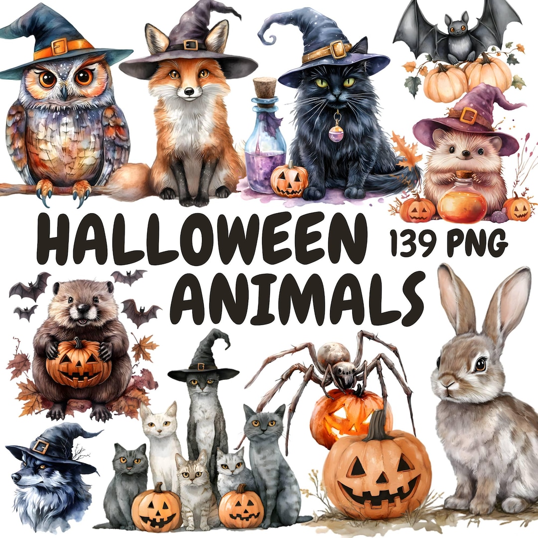 Watercolor Halloween Animals Clipart Bundle, Witch Animal Clipart ...