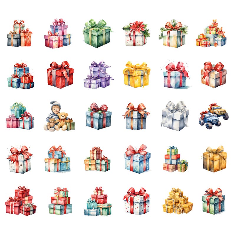 Watercolor Christmas Gifts Clipart Bundle, Wrapped Presents Clipart ...