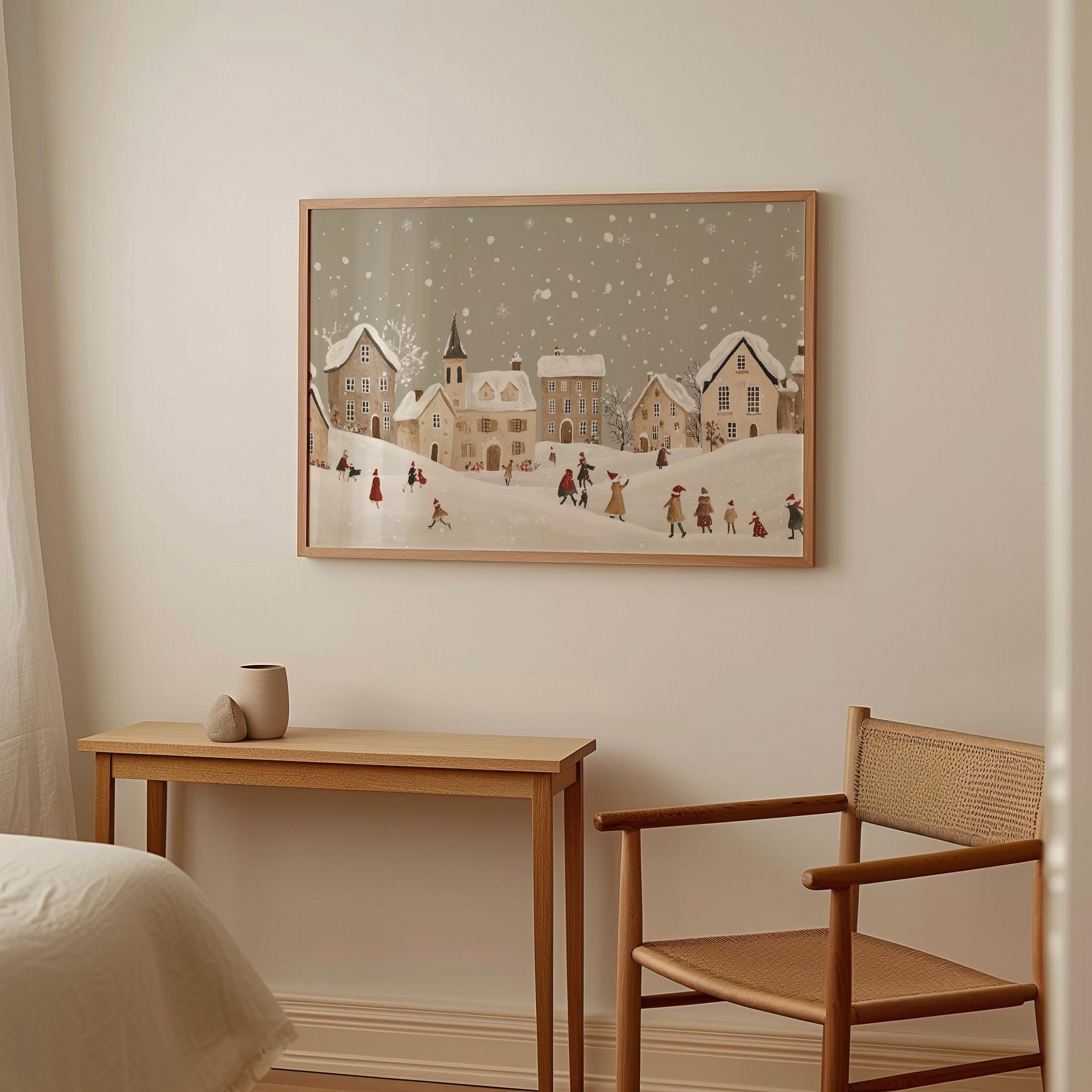 Vintage Village Christmas Printed Wall Art, Snowy Winter Town Landscape ...